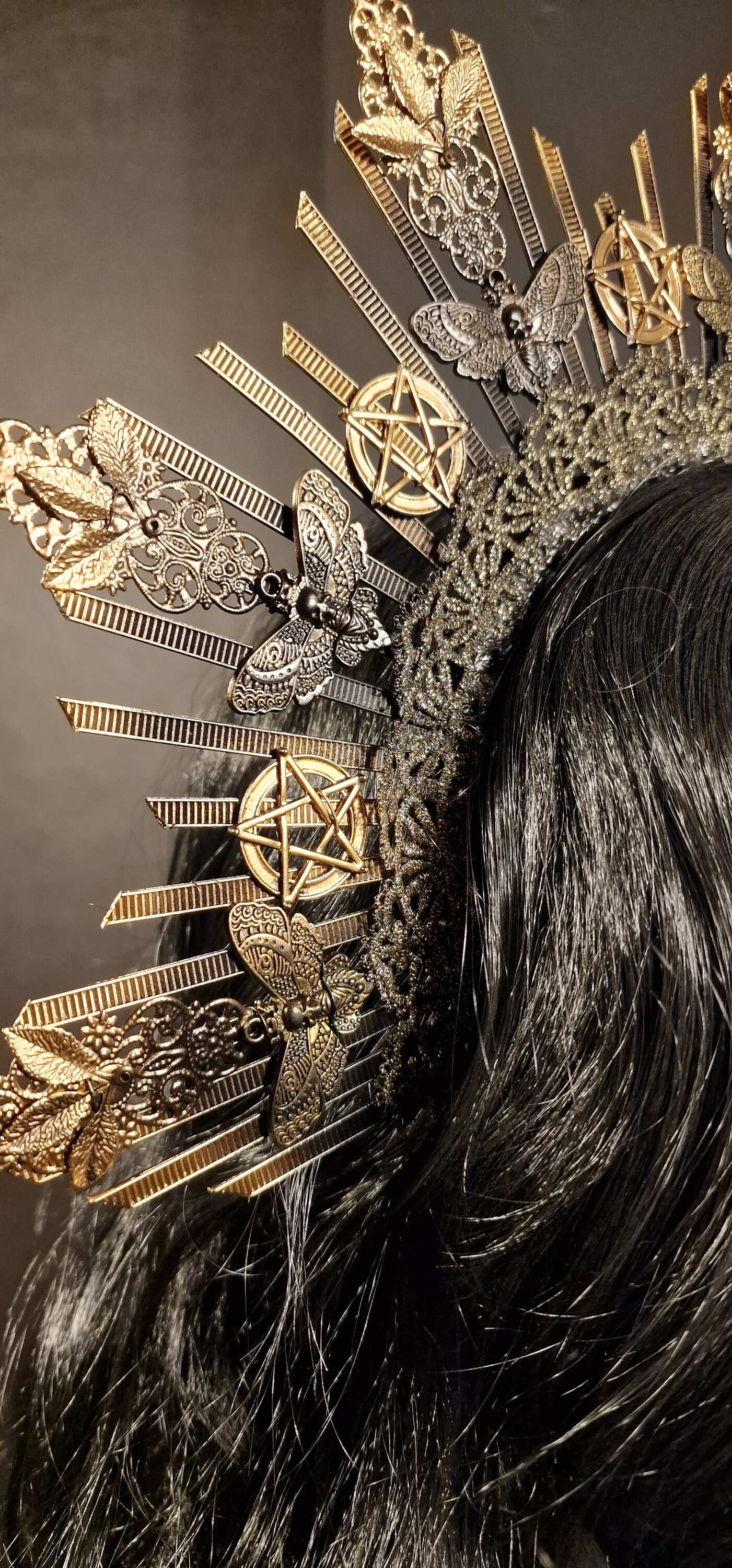Headpiece or Gothic Halo Crown, Black and Gold Halocrown, Handmade and ...