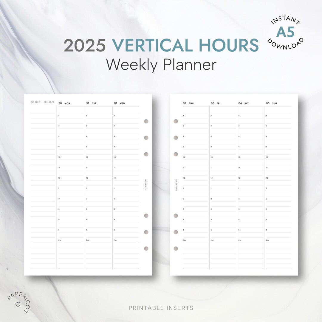 A5 2025 Weekly Planner | Vertical Hours WO2P | Dated Agenda • Instant ...