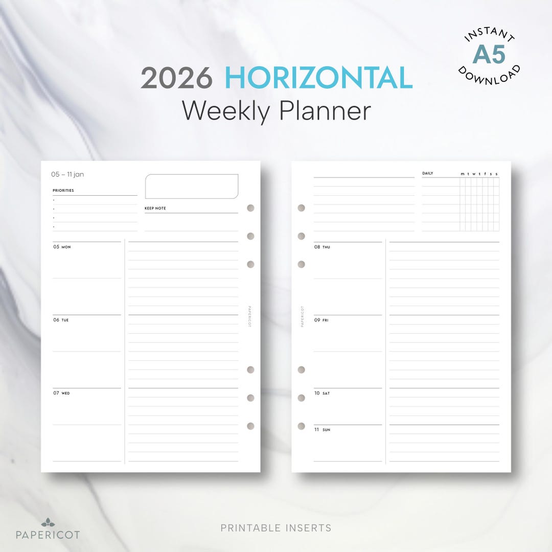 A5 2026 Weekly Planner | Horizontal WO2P | Dated Agenda • Instant ...