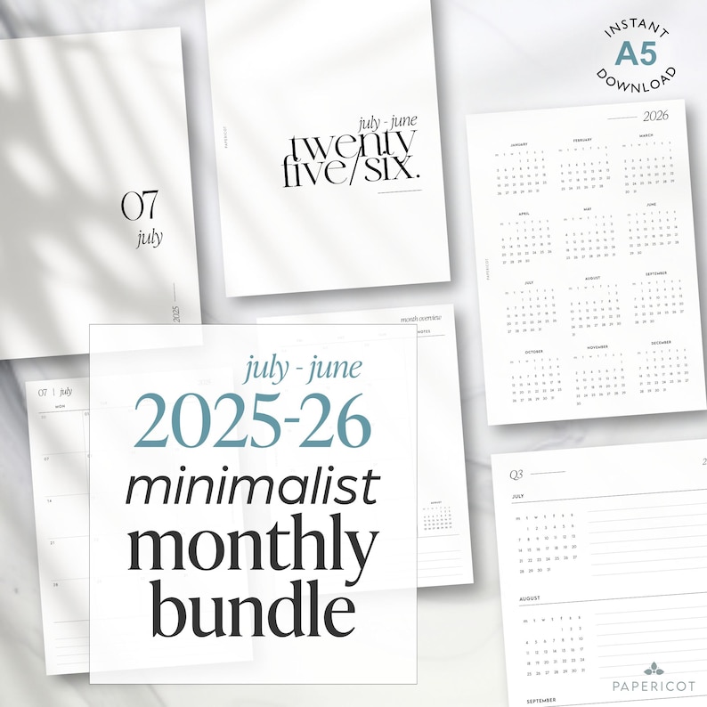 A5 2025-2026 Monthly Planner Insert Bundle: Minimalist Financial Year ...