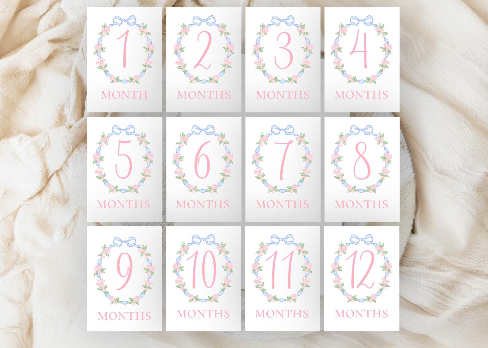 Girl Monthly Milestone Cards, Baby Girl Watercolor Bow Monthly ...