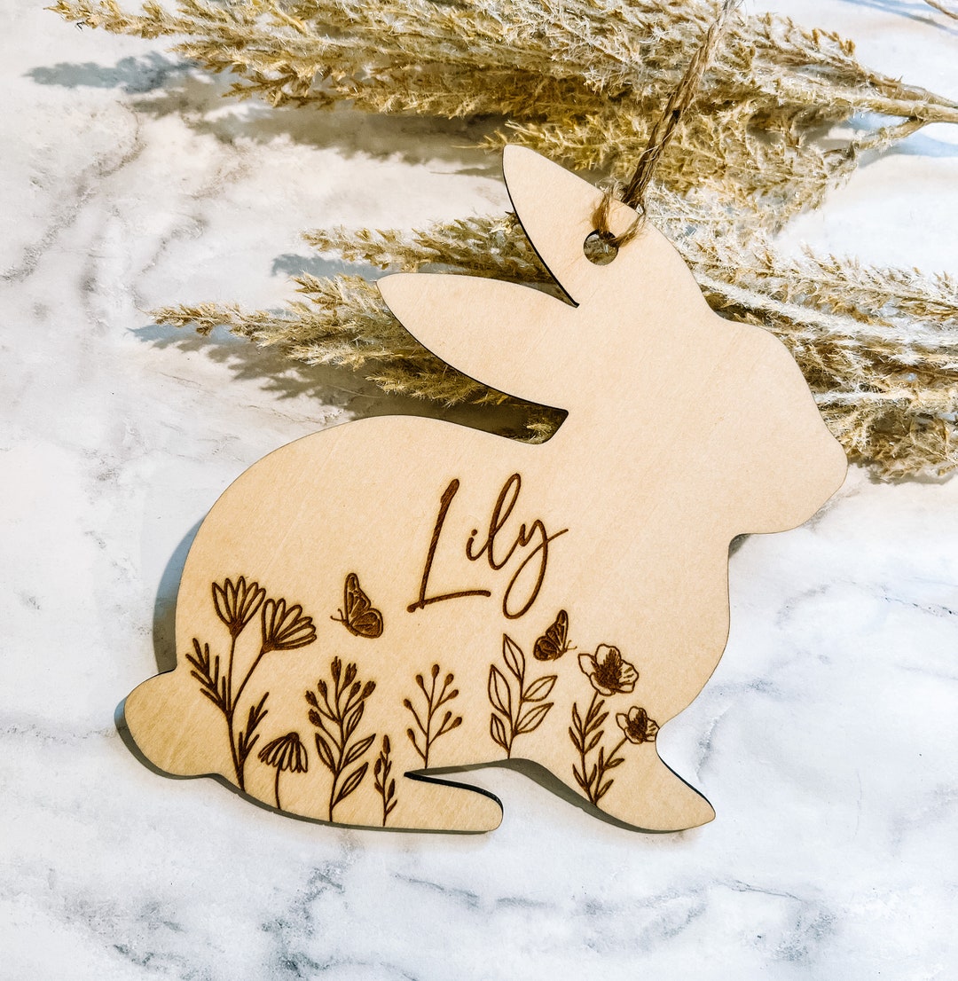 Easter Basket Name Tag, Bunny Name Tag, Spring Flowers Name Tag, Wooden ...
