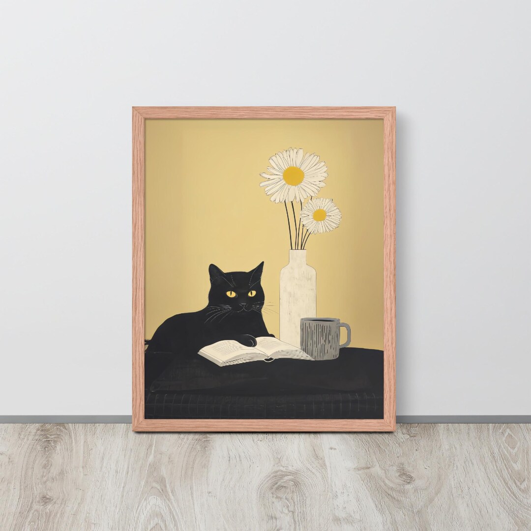 Charming Black Cat Reading Art for Cat Lovers - Etsy