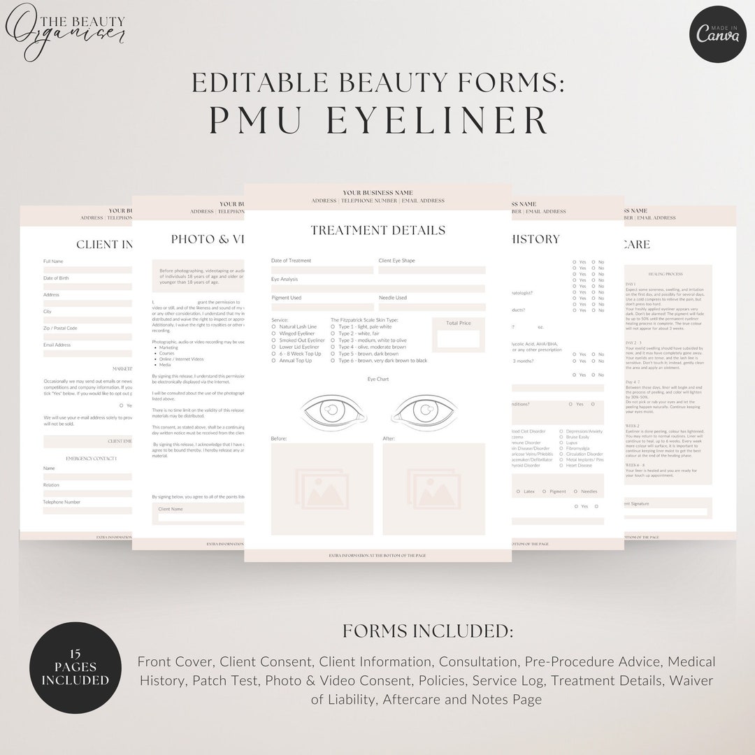 PMU Eyeliner Forms Editable Client Information, Consent, Policy, Patch ...