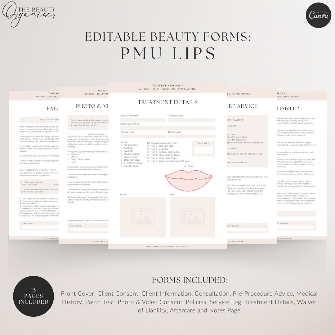 PMU Lips Forms Editable Client Information, Consent, Policy, Patch Test ...