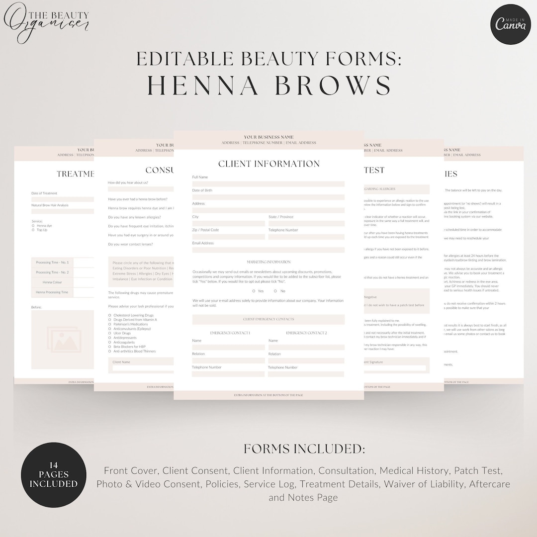 Henna Brow Forms | Editable Client Information, Consent, Policy, Patch ...