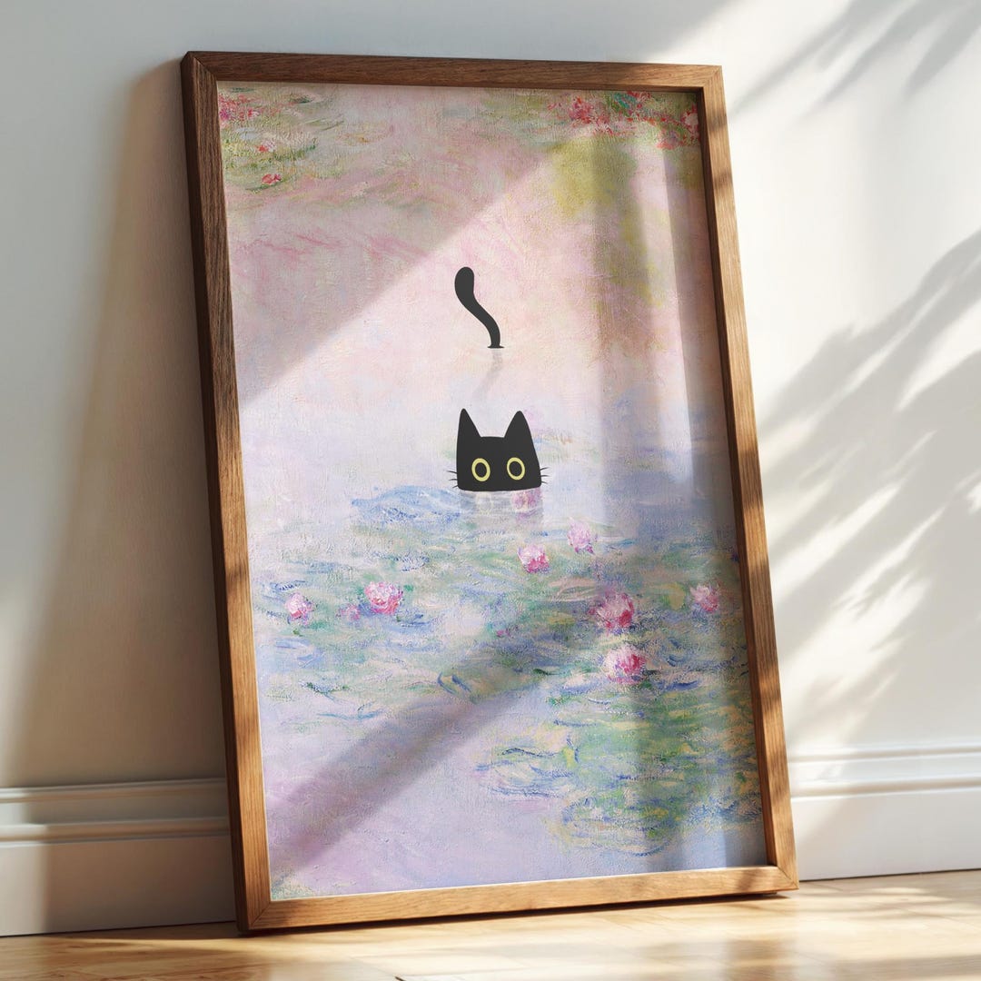 Monet Waterlily Cat Art, Claude Monet Cat Poster, Black Cat Art Print ...