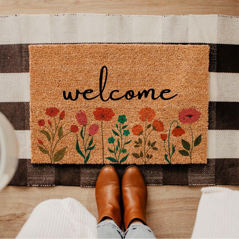 Floral Welcome Mat, Housewarming Gift, Floral Doormat, Porch Decoration ...