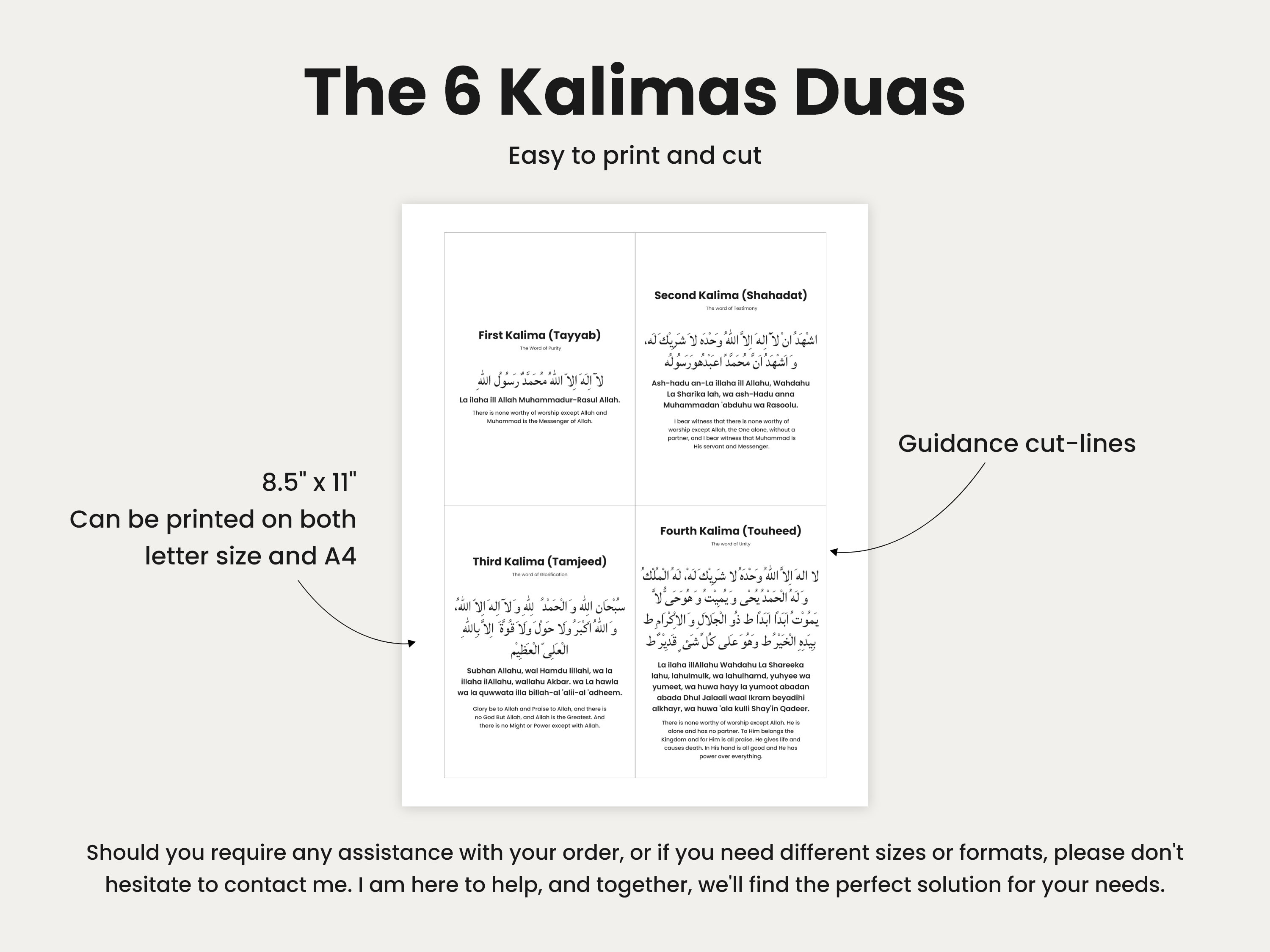6 Kalimas Duas - Printable Islamic Prayer Cards, Arabic, Transliteration, English Translation ...