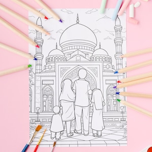 2 Islamic Coloring Pages for Kids - Mosque Visit and Family Time ...