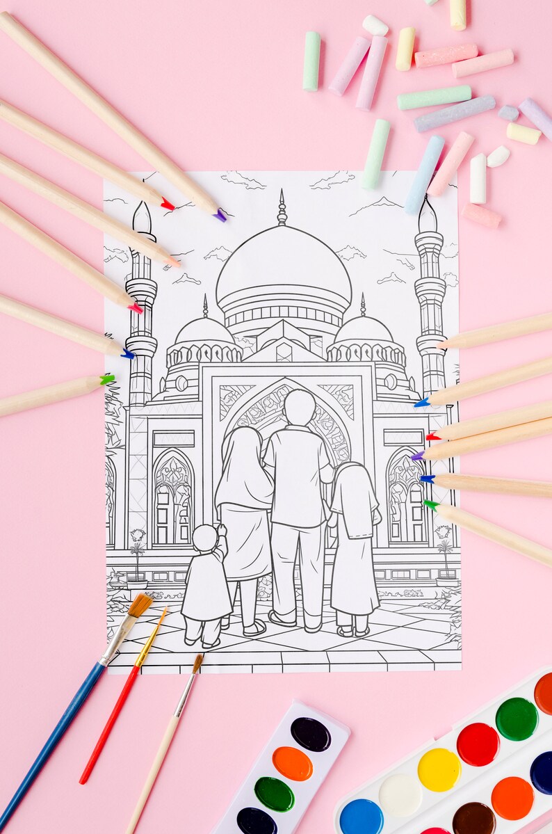2 Islamic Coloring Pages for Kids - Mosque Visit and Family Time ...