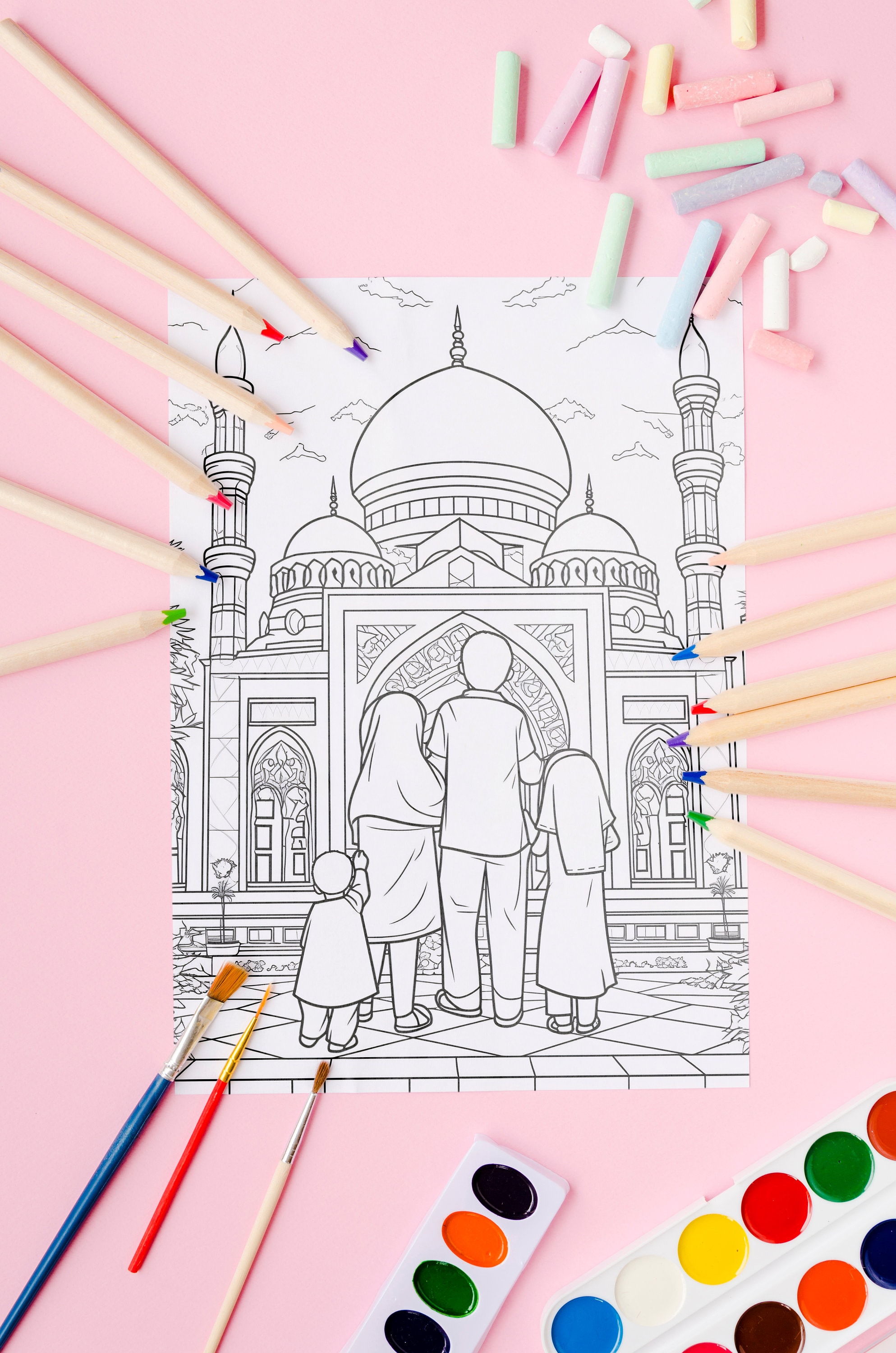 2 Islamic Coloring Pages for Kids - Mosque Visit and Family Time ...