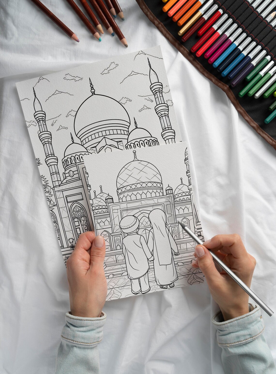 2 Islamic Coloring Pages for Kids - Mosque Visit and Family Time ...