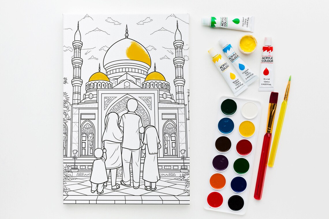 2 Islamic Coloring Pages for Kids - Mosque Visit and Family Time ...