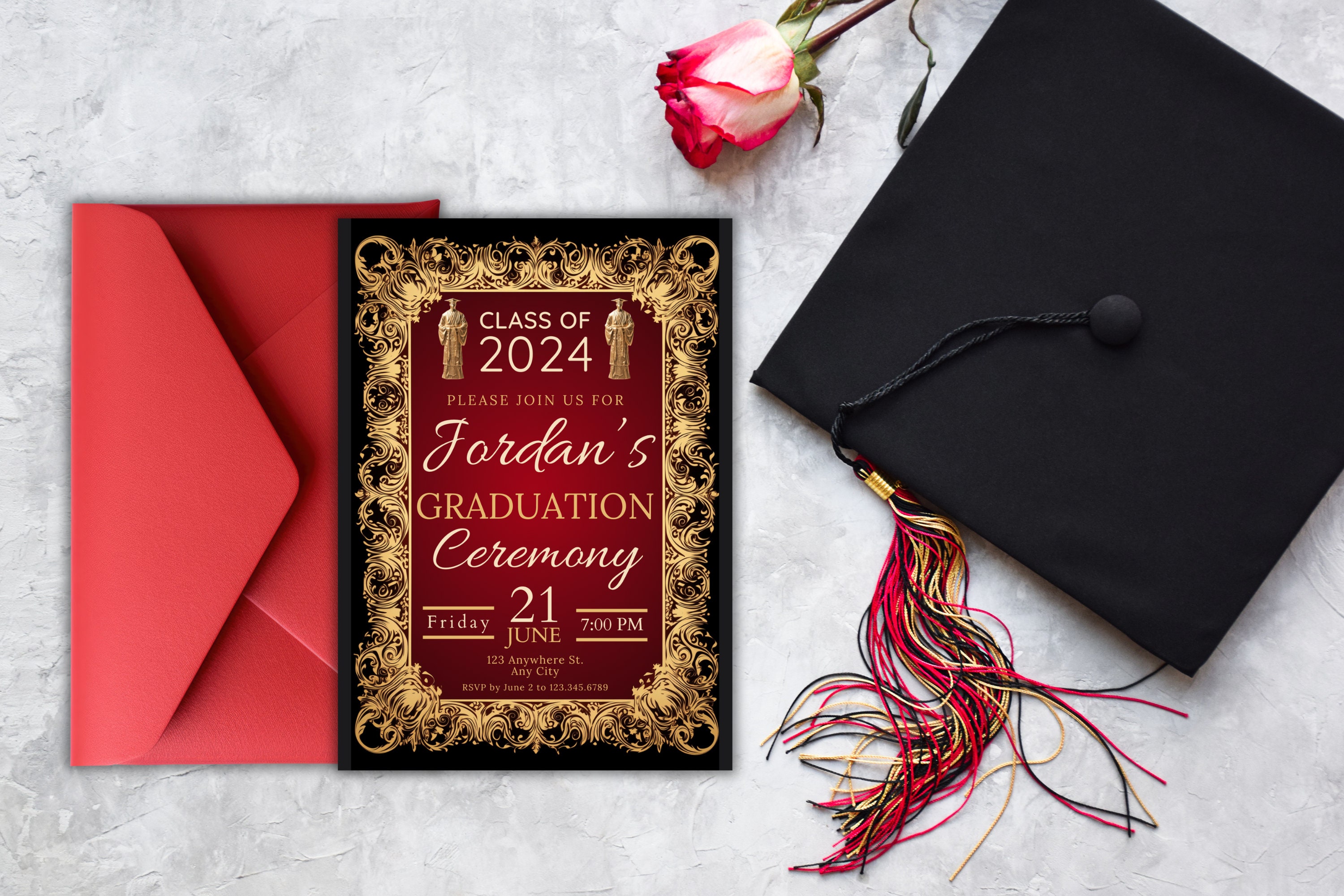 Red and Gold Graduation Invite, Ornate Gold Grad Ceremony Invite ...