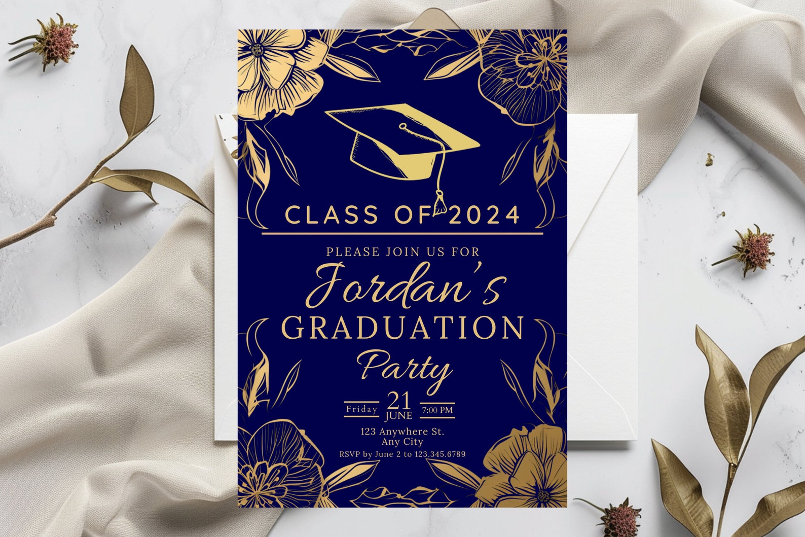 Blue and Gold Flower Graduation Invite, Gold Party Invite, Blue & Gold ...