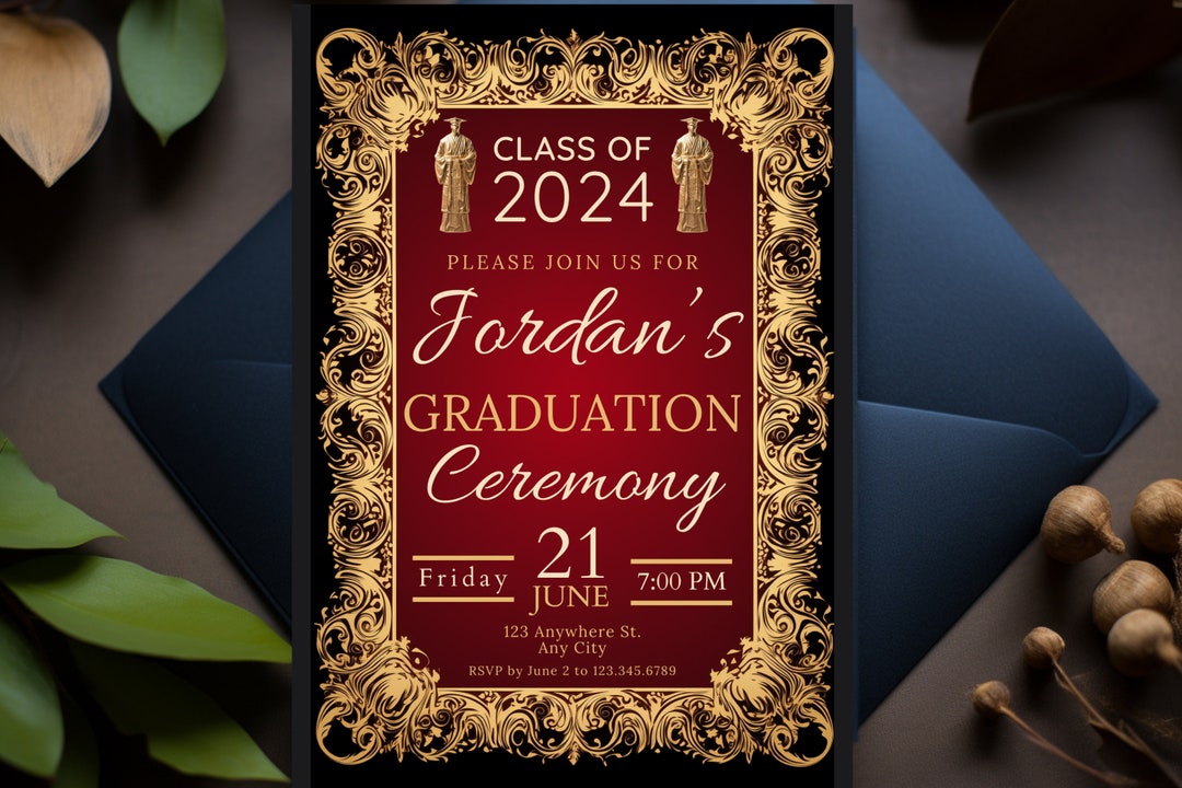 Red and Gold Graduation Invite, Ornate Gold Grad Ceremony Invite ...