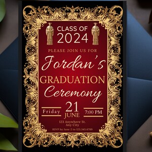 Red and Gold Graduation Invite, Ornate Gold Grad Ceremony Invite ...