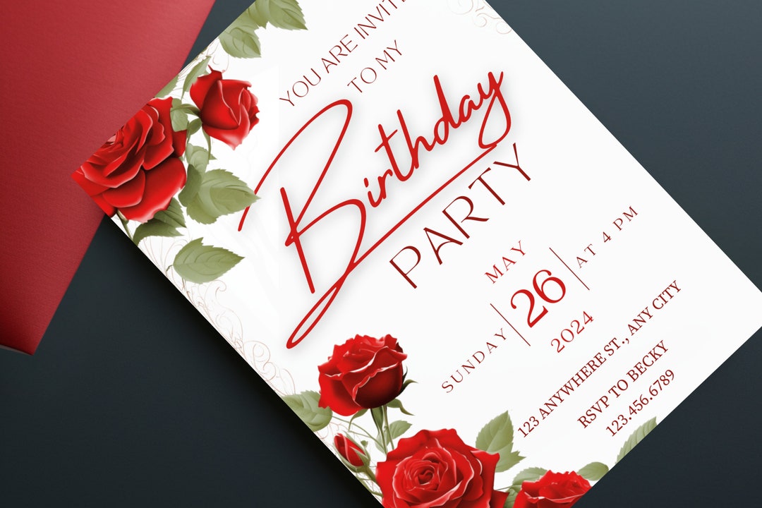 Red Rose Birthday Invite, Red Flower Birthday Party Invite, Red Rose ...