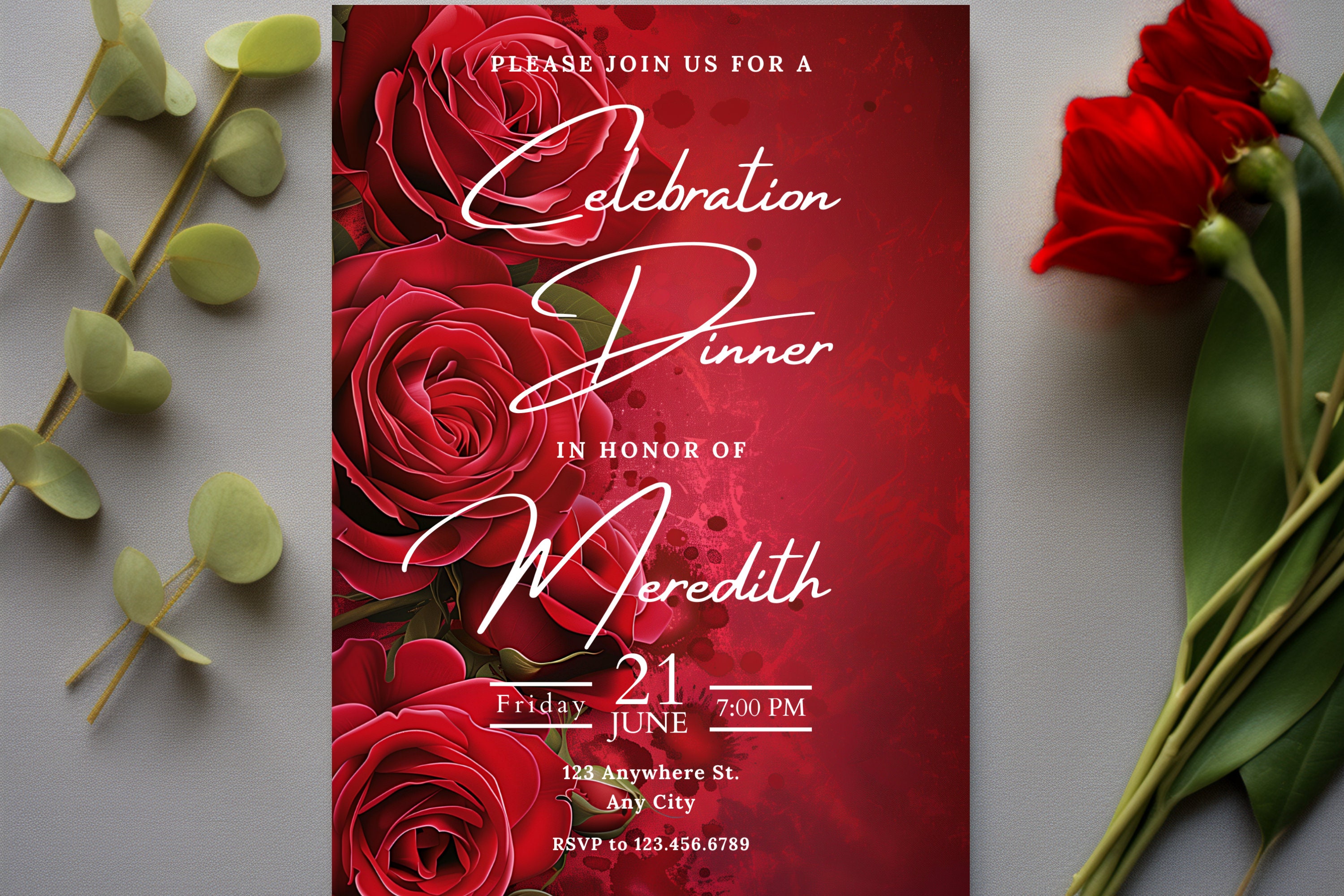 Red Rose Celebration Dinner Invite, Red Flower Party Invite, Red Rose ...