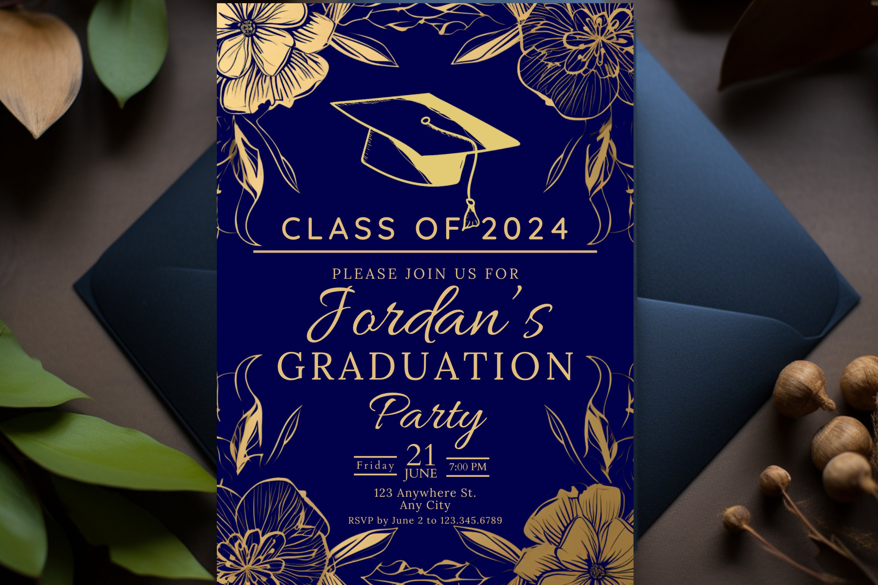Blue and Gold Flower Graduation Invite, Gold Party Invite, Blue & Gold ...