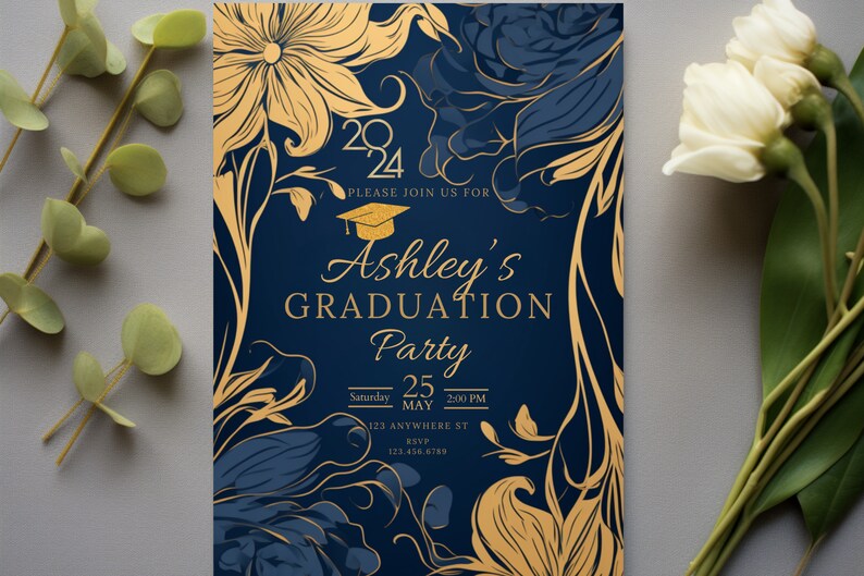 Blue and Gold Flower Graduation Invite, Gold Party Invite, Navy Blue ...