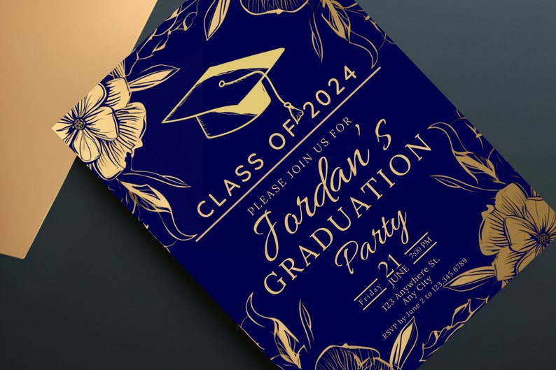 Blue and Gold Flower Graduation Invite, Gold Party Invite, Blue & Gold ...