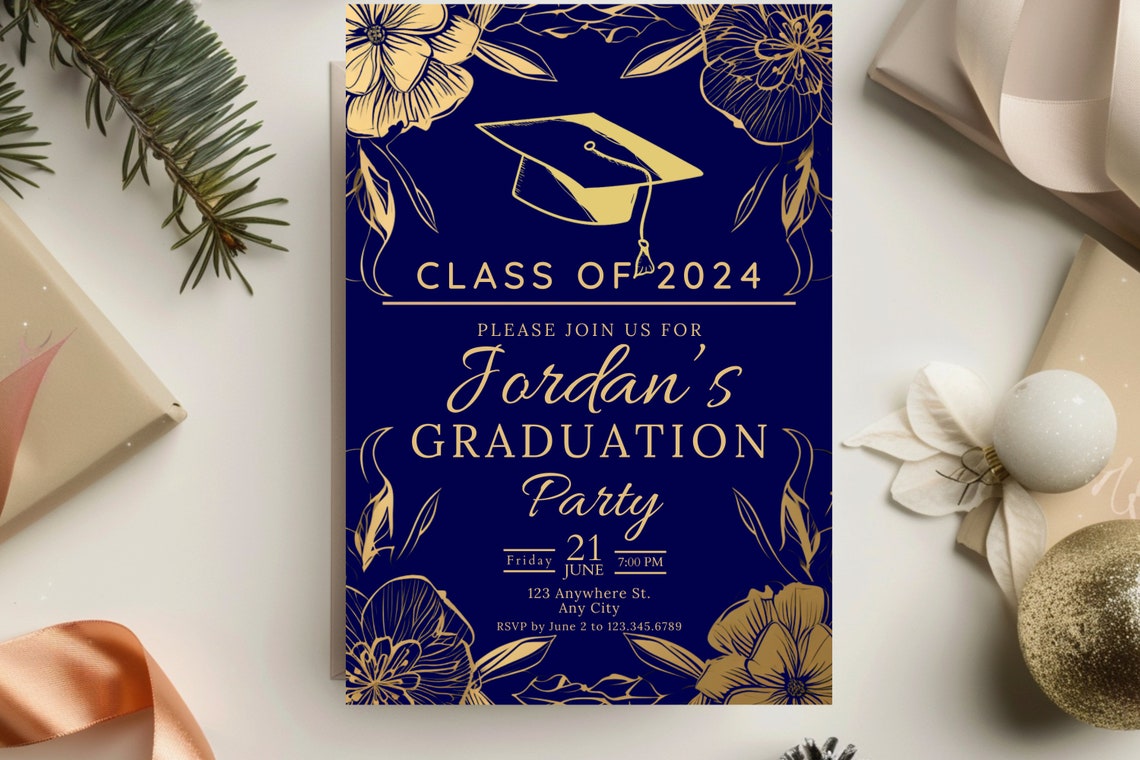 Blue and Gold Flower Graduation Invite, Gold Party Invite, Blue & Gold ...