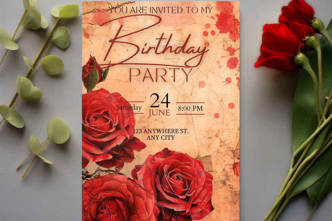 Red Rose and Gold Birthday Invite, Red Rose and Gold Invitation, Red ...
