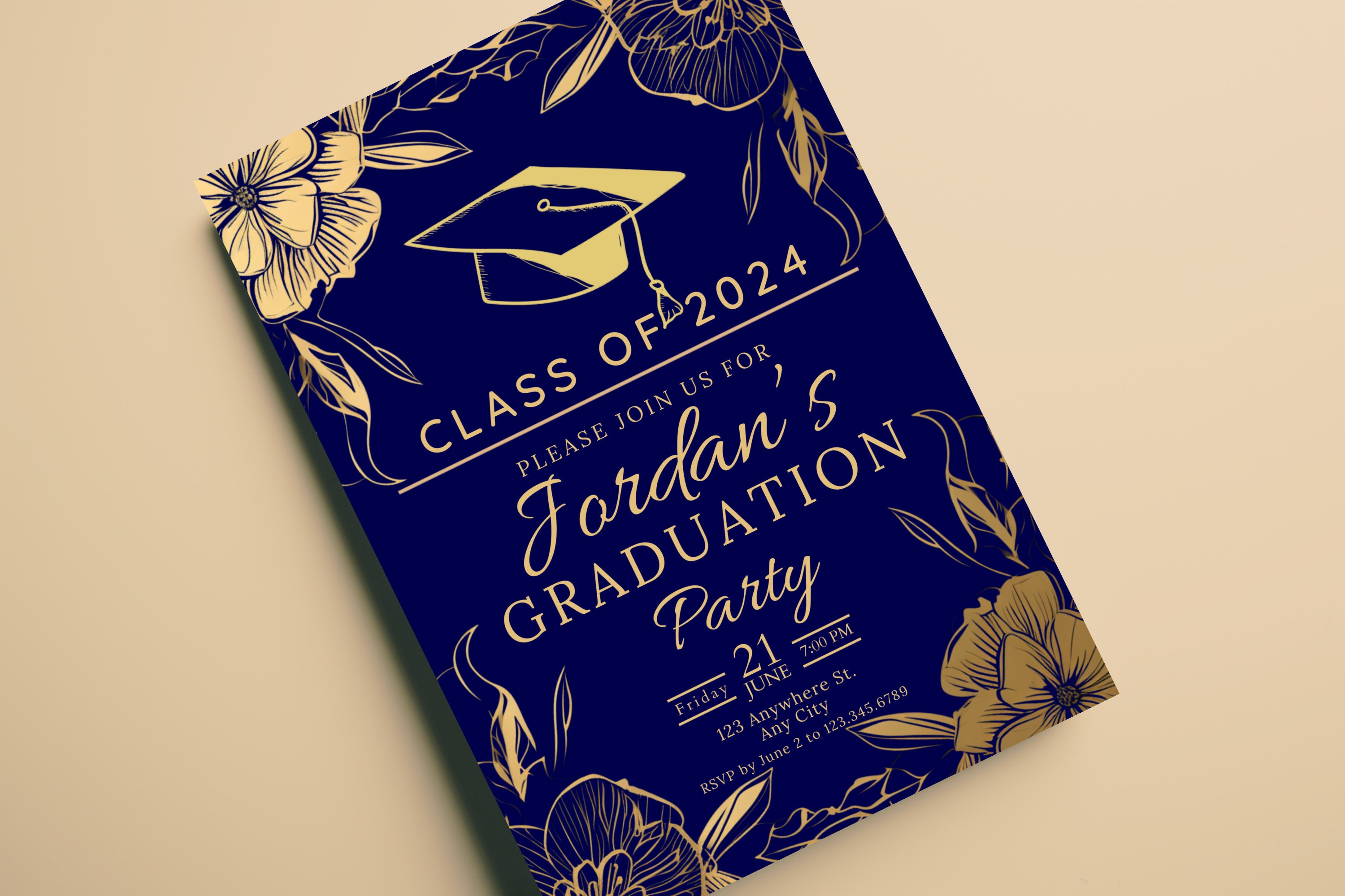 Blue and Gold Flower Graduation Invite, Gold Party Invite, Blue & Gold ...