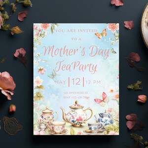Mother's Day Tea Party Invitation, Blue and Pink Mother's Day Tea ...