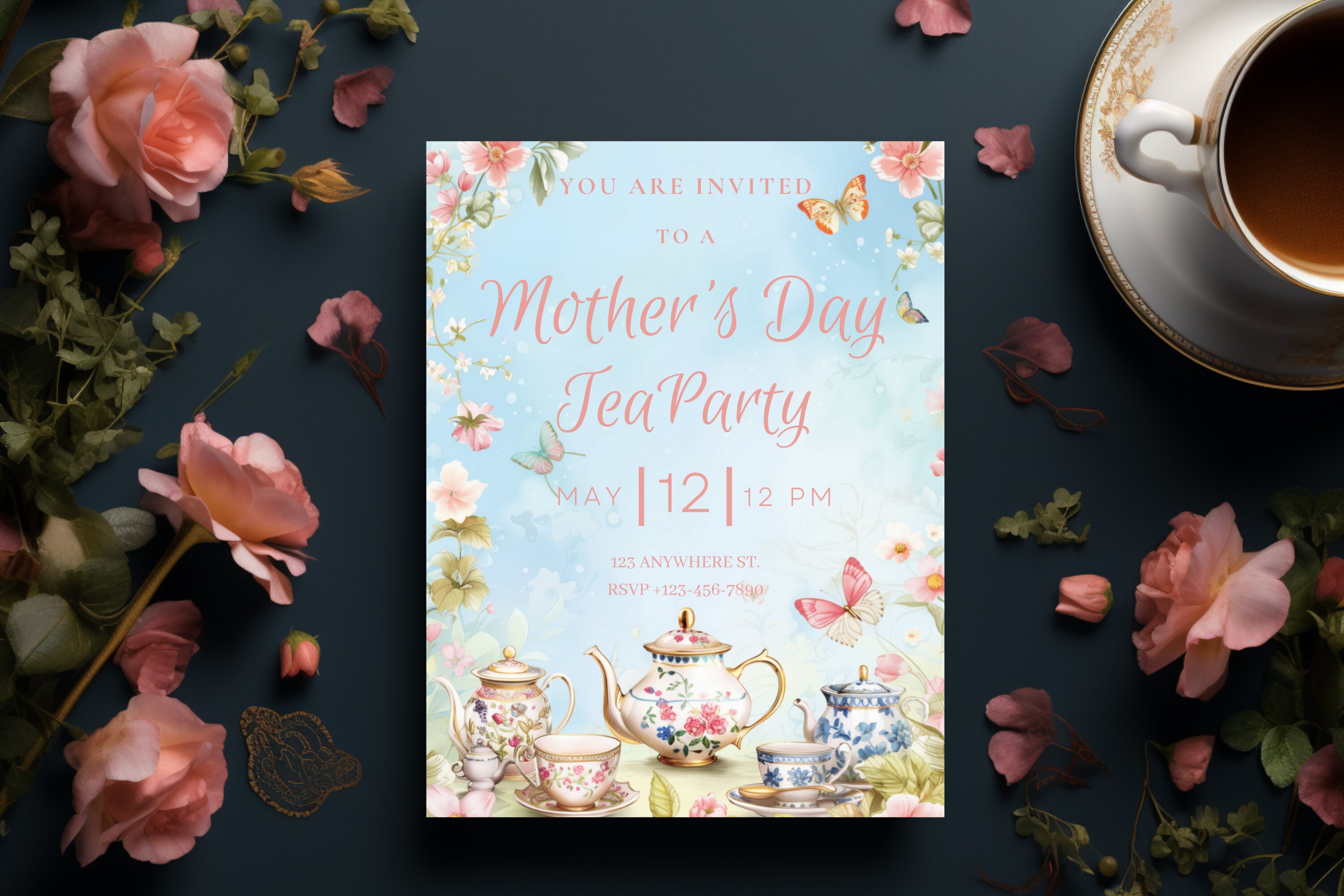Mother's Day Tea Party Invitation, Blue and Pink Mother's Day Tea ...
