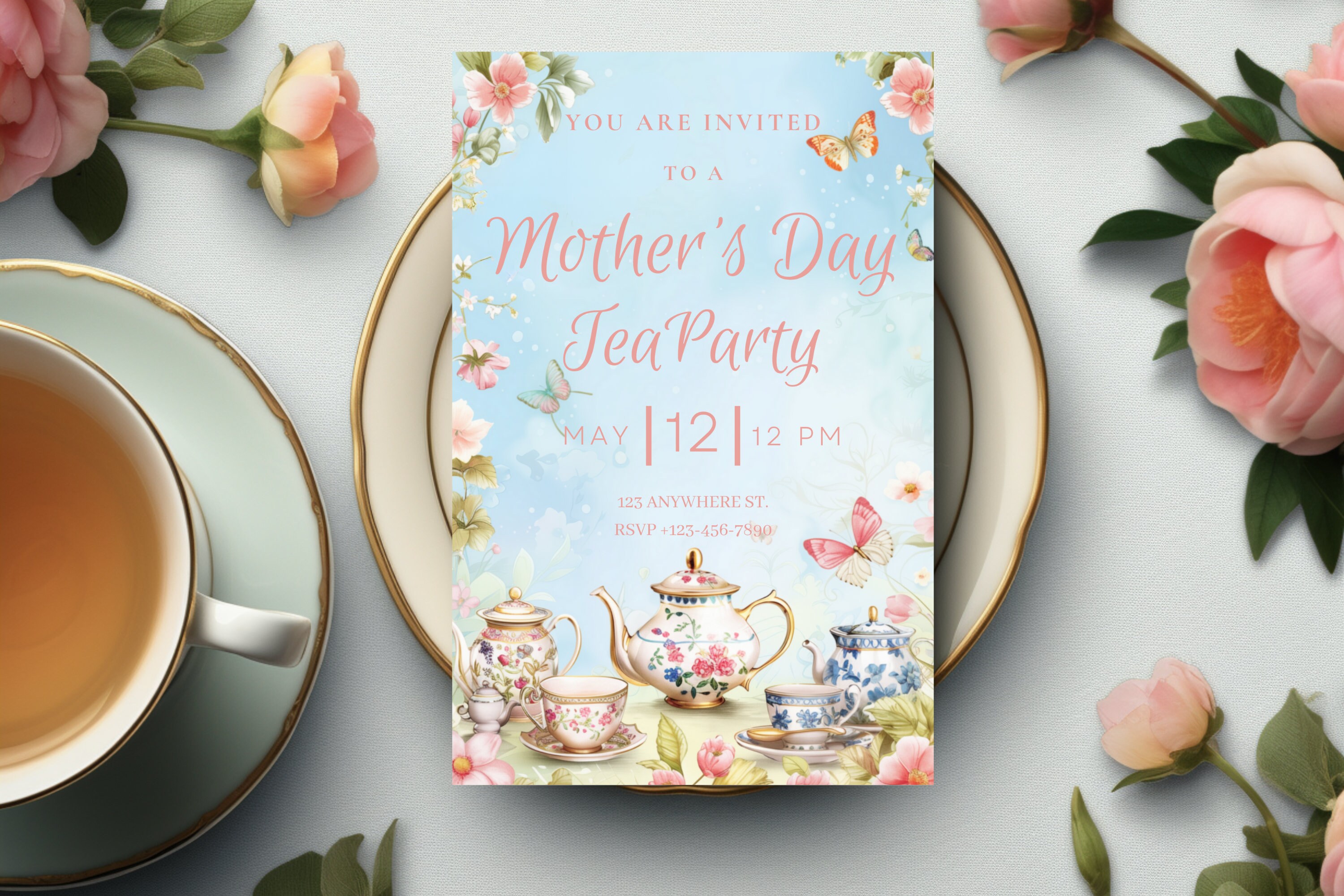 Mother's Day Tea Party Invitation, Blue and Pink Mother's Day Tea ...
