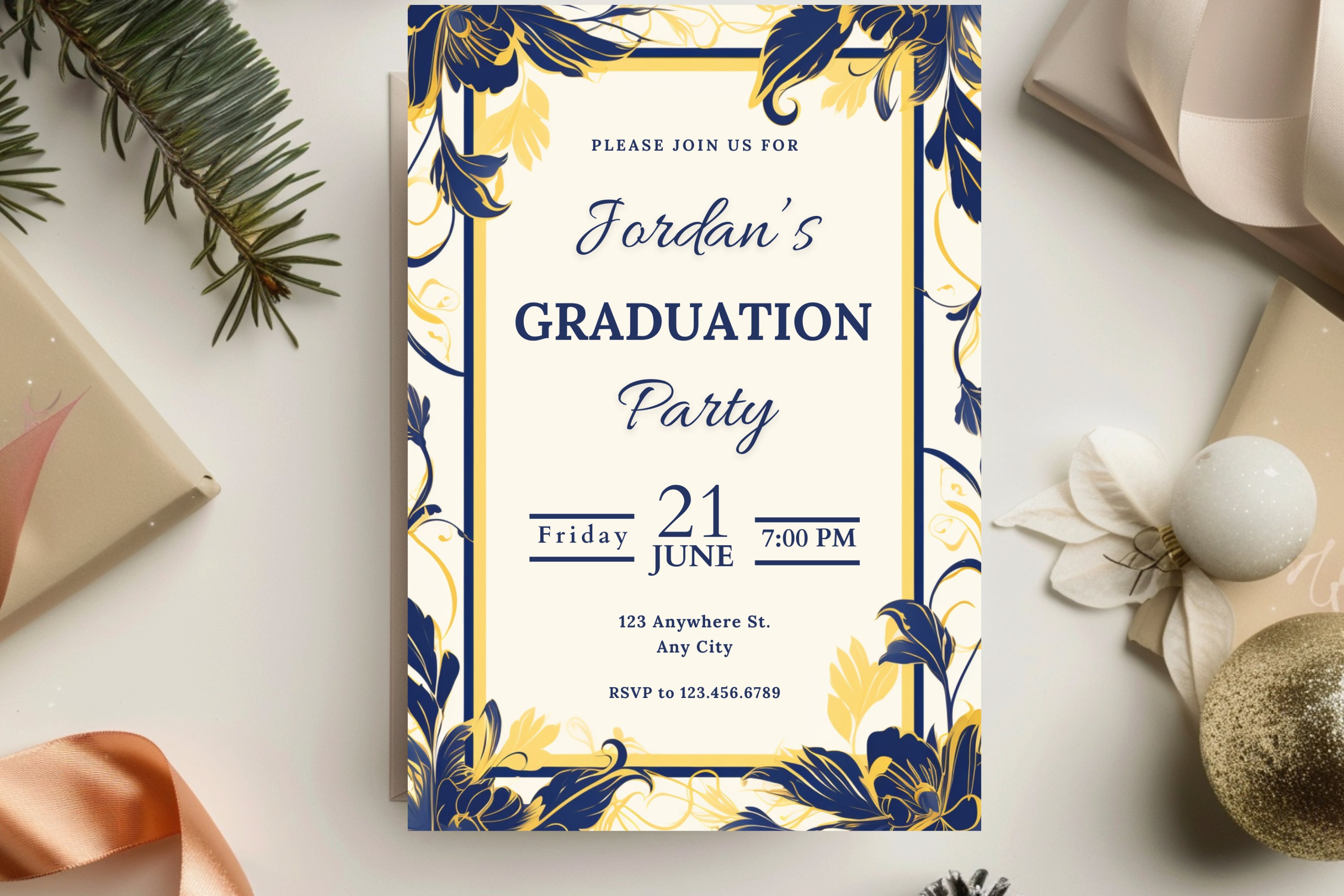 Blue and Yellow Flower Graduation Invite, Grad Party Invite, Blue ...