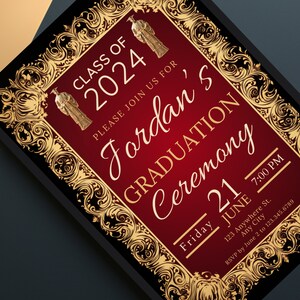 Red and Gold Graduation Invite, Ornate Gold Grad Ceremony Invite ...