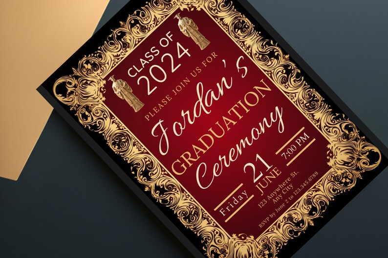 Red and Gold Graduation Invite, Ornate Gold Grad Ceremony Invite ...