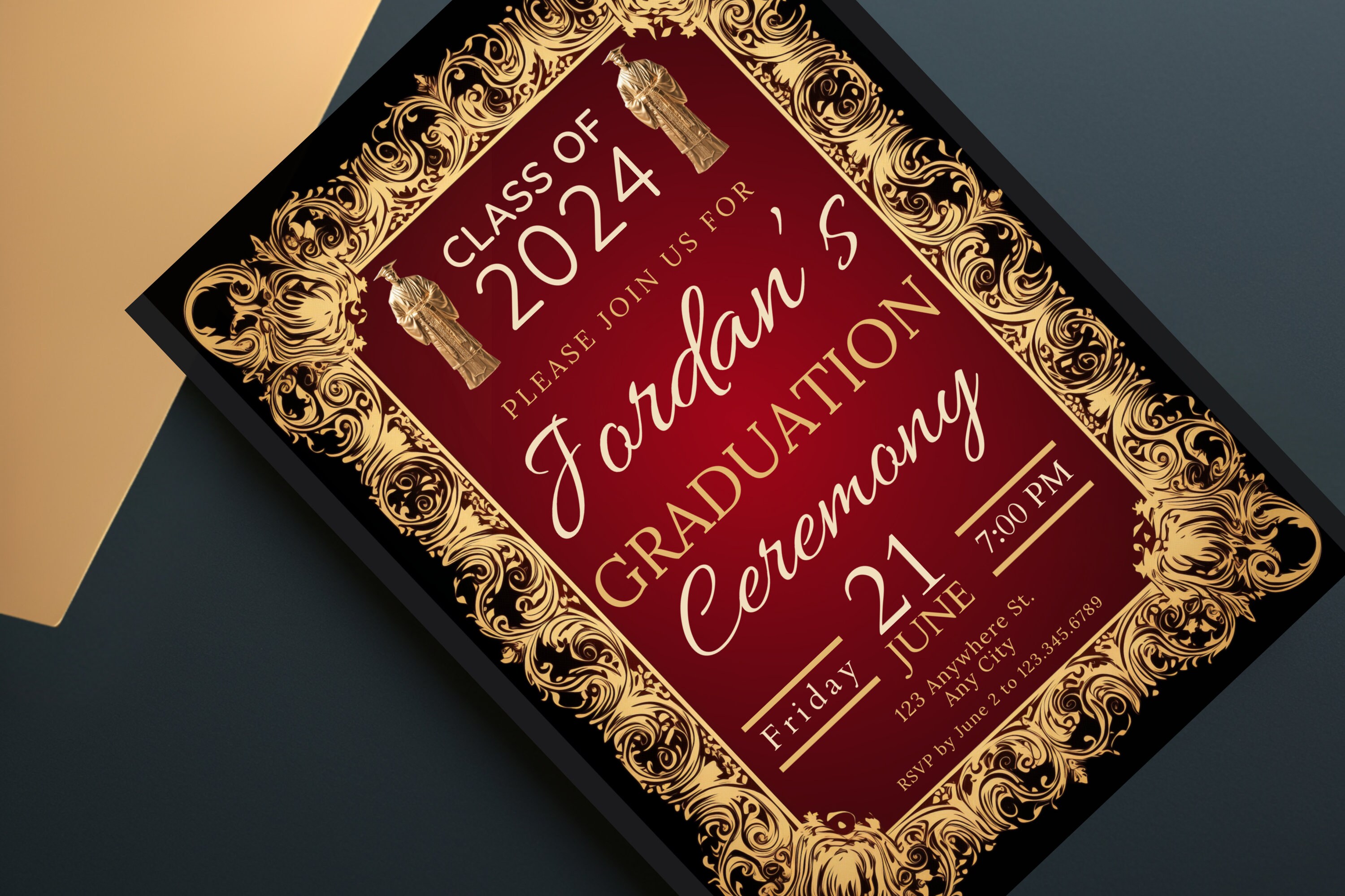 Red and Gold Graduation Invite, Ornate Gold Grad Ceremony Invite ...