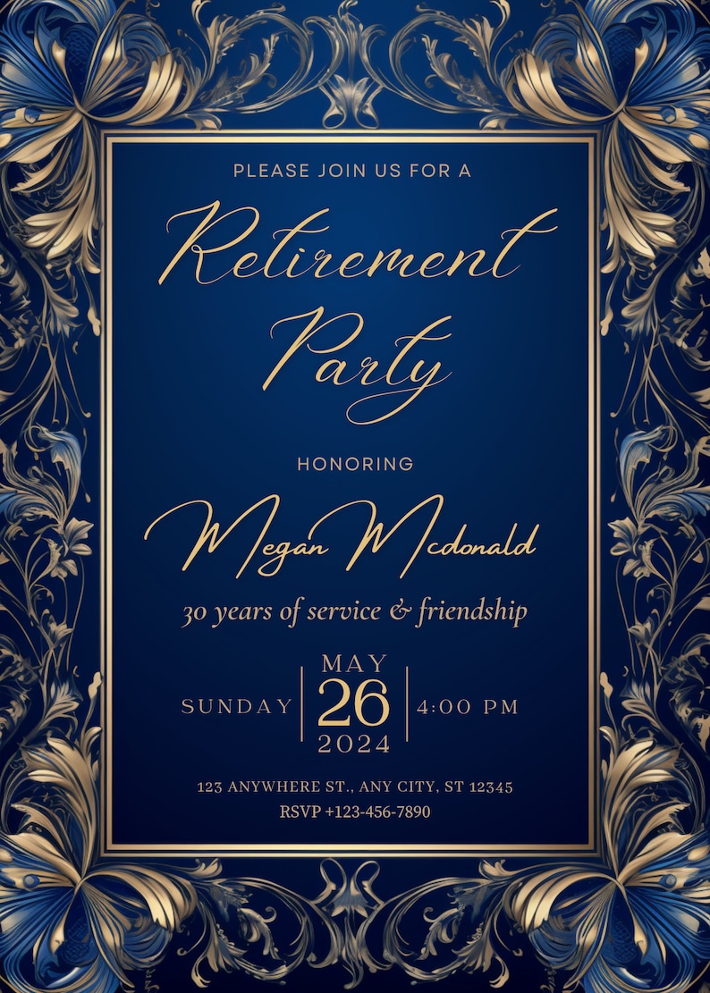 Blue & Gold Retirement Party Invitation, Navy Blue and Gold Retirement ...