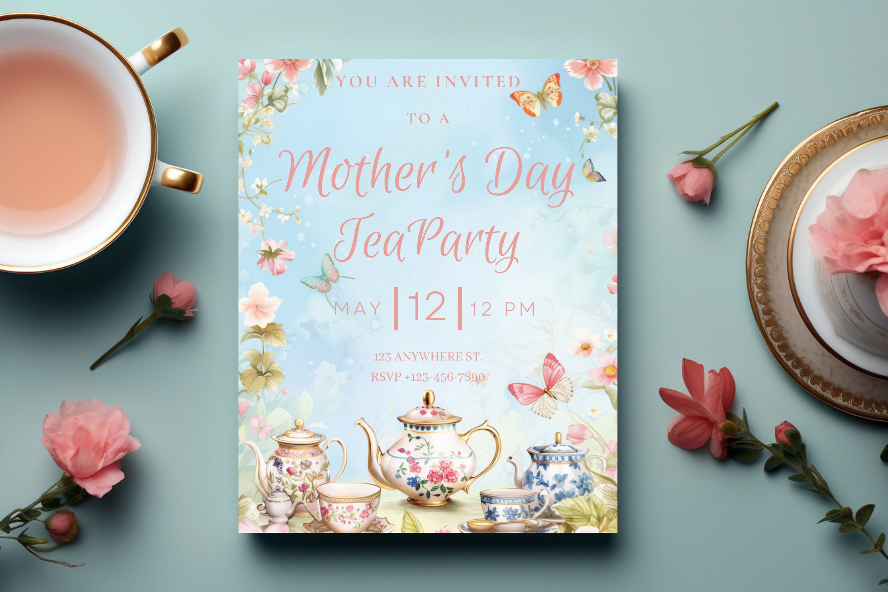 Mother's Day Tea Party Invitation, Blue and Pink Mother's Day Tea ...