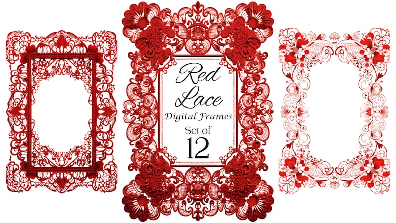 12 Red Lace PNG Page Borders, Digital Frames Bundle, PNG Image File ...