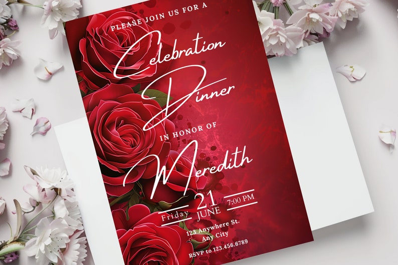 Red Rose Celebration Dinner Invite, Red Flower Party Invite, Red Rose ...