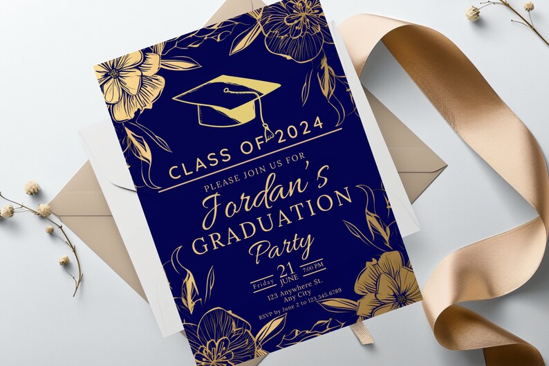 Blue and Gold Flower Graduation Invite, Gold Party Invite, Blue & Gold ...