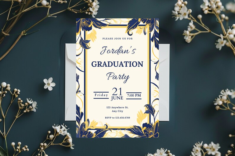 Blue and Yellow Flower Graduation Invite, Grad Party Invite, Blue ...
