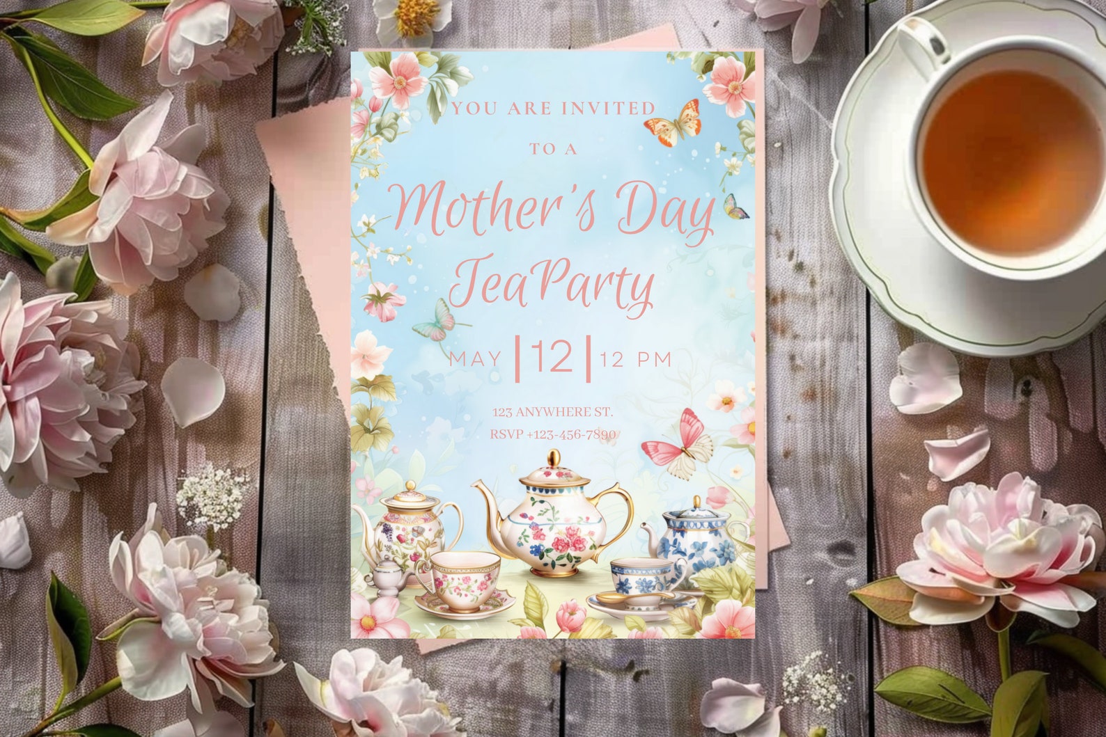 Mother's Day Tea Party Invitation, Blue and Pink Mother's Day Tea ...
