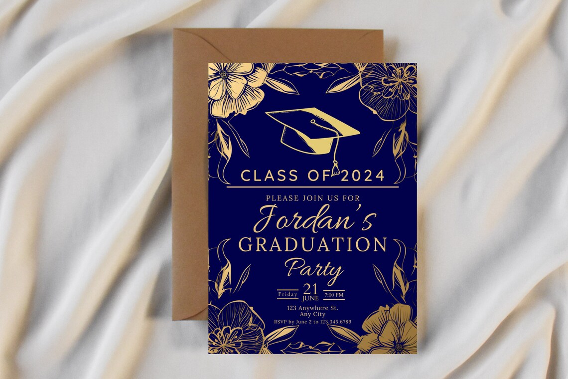 Blue and Gold Flower Graduation Invite, Gold Party Invite, Blue & Gold ...