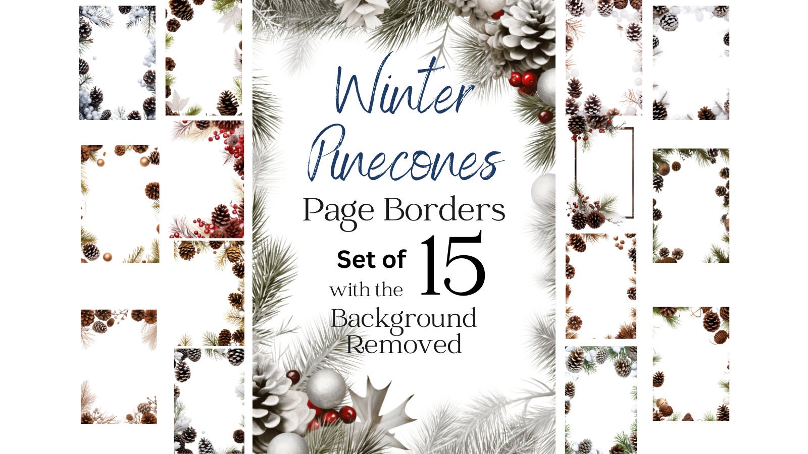 10 Winter Pinecone PNG Page Borders, Winter Snow Digital Frames ...