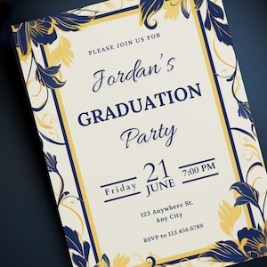 Blue and Yellow Flower Graduation Invite, Grad Party Invite, Blue ...