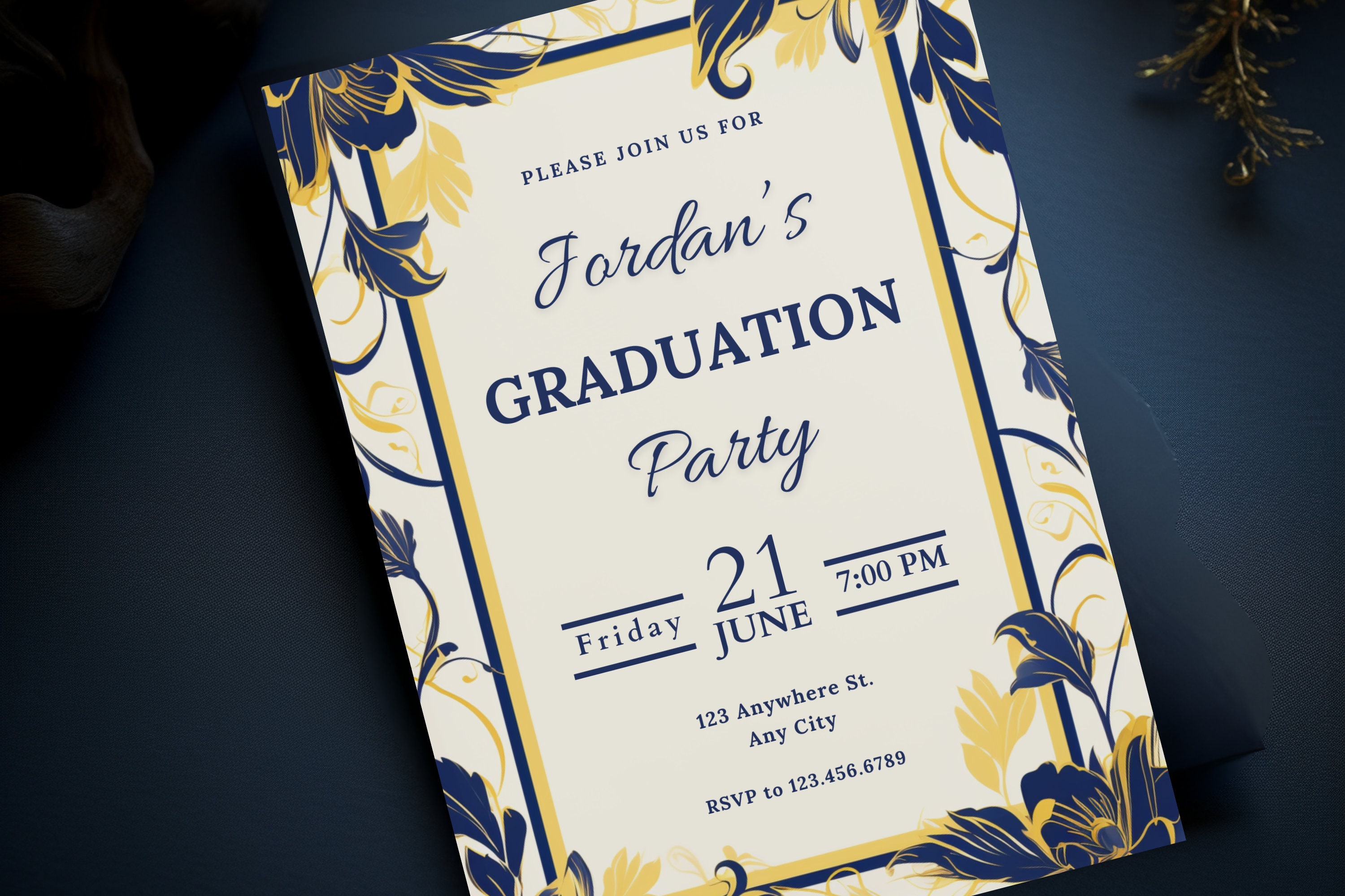 Blue and Yellow Flower Graduation Invite, Grad Party Invite, Blue ...