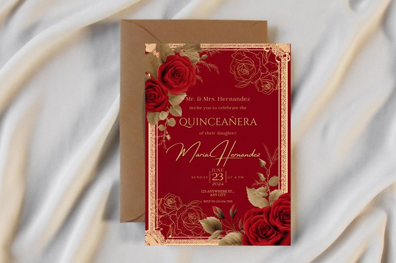 Quinceañera Gold & Red Rose Invitation, Gold and Red Flower Invite, Red ...