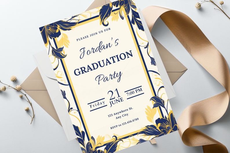 Blue and Yellow Flower Graduation Invite, Grad Party Invite, Blue ...
